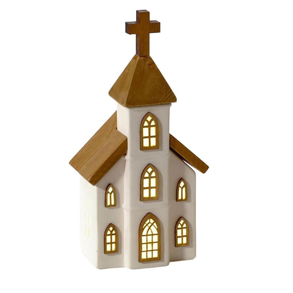 LED Ceramic Christmas Church | Light Up Ceramic & Wood Chapel Ornament ...